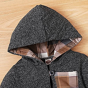 VOLUOVO Baby Boy Clothes Newborn Boy Outfits Infant Clothing Plaid Pocket Hooded Sweatshirt Long Pants Toddler Clothe(GreyOrange/90)