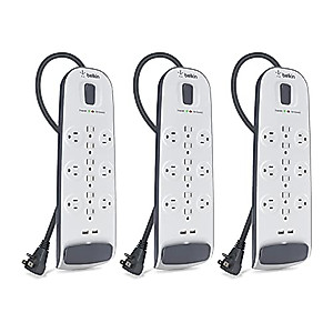 Belkin 12-Outlet USB Power Strip Surge Protector, Flat Plug, 6ft Cord (3,996 Joules), White - Pack of 3