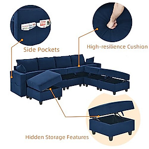 Kxrtuw 7 Seat Modular Sectional Sofa, Convertible Sleeper Sofa Bed with Storage Seat,L-Shape U-Shape Corduroy Velvet Couch for Living Room(Dark Blue)