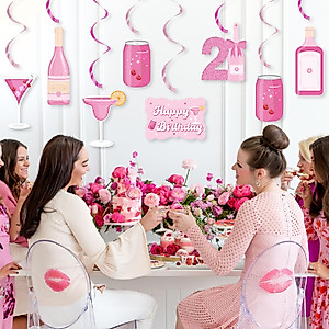 21st Birthday Hanging Swirls Decorations, Pink Champagne Wine Bottle 21st Birthday Decorations for Her, Happy 21st Birthday Party Decorations for Women Girl, Twenty-One Year Old Birthday Decoration