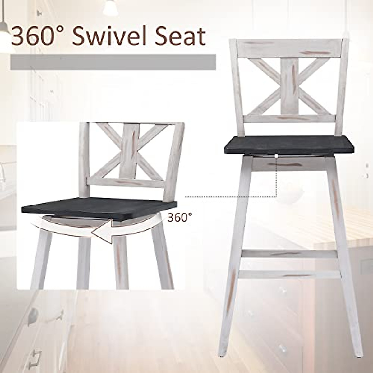 COSTWAY Bar Stools Set of 2, 360 Degree Swivel, 29-inch Height Chairs w/Non-Slip Foot Pads, Rubber Wood Bar Chairs, Vintage Bar Stools for Home, Restaurant (White)