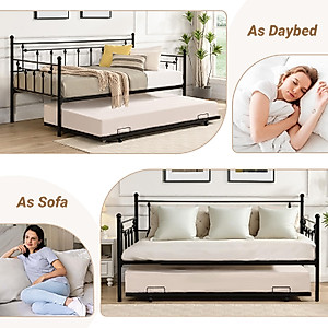 Zevemomo Twin Metal Daybed with Trundle, Black Twin Size Metal Sofa Bed Daybed with Pull Out Trundle Bed for Bedroom Living Guest Room, Heavy-Duty Day Bed No Box Spring Needed, Easy Assembly