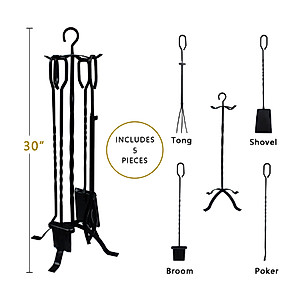 yinat Fireplace Tools Set, 5 Pieces of Fire Pit Tools,Firewood Holder Tools Kit Sets with Handles,Outdoor Accessories Kit,Black,Wrought Iron