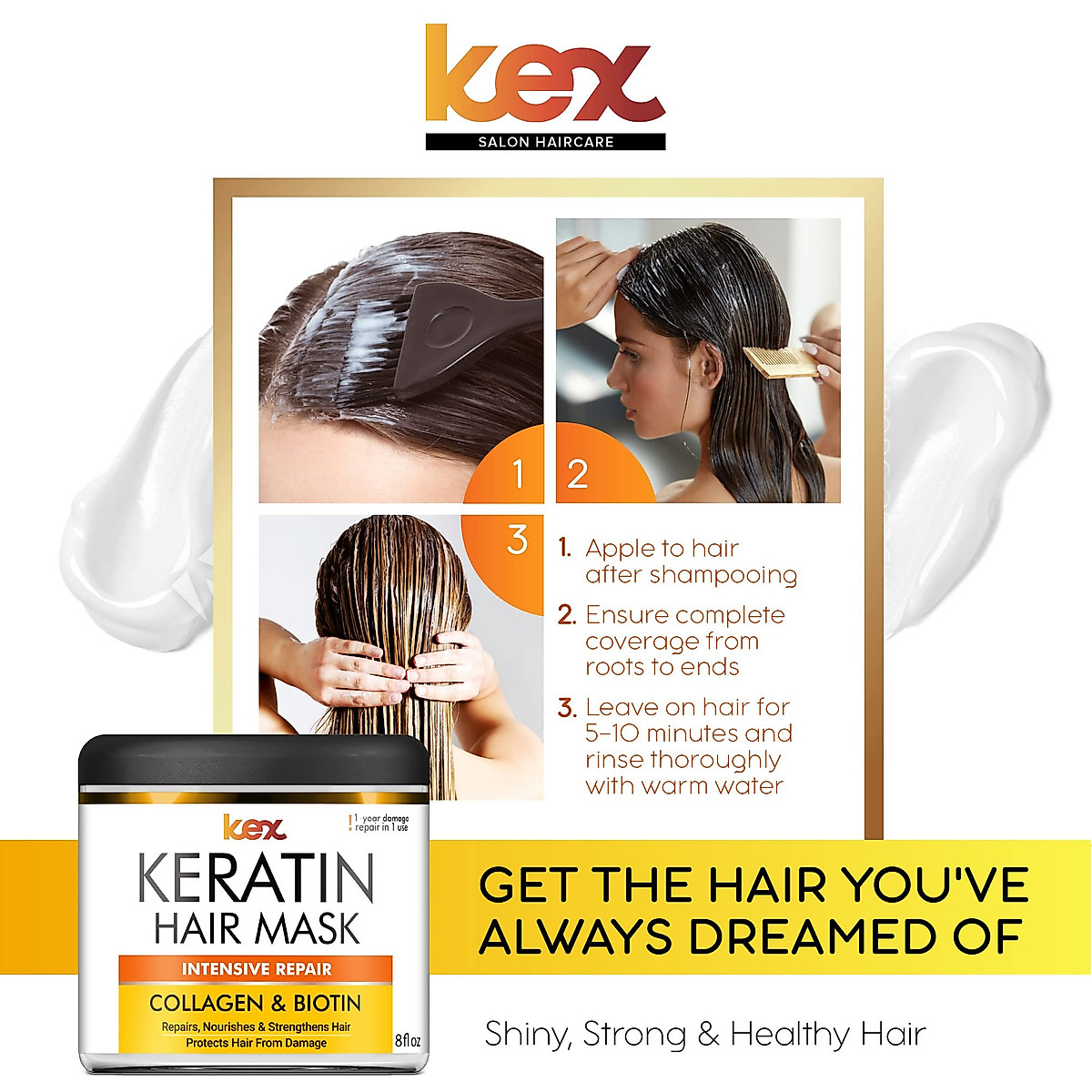 Keratin Hair Mask Made in USA with Natural Collagen & Biotin - Hair Repair Treatment for Dry & Damaged Hair and Growth - Save Color Treated Hair with Enriched Nourishment & Professional Care - 8 oz