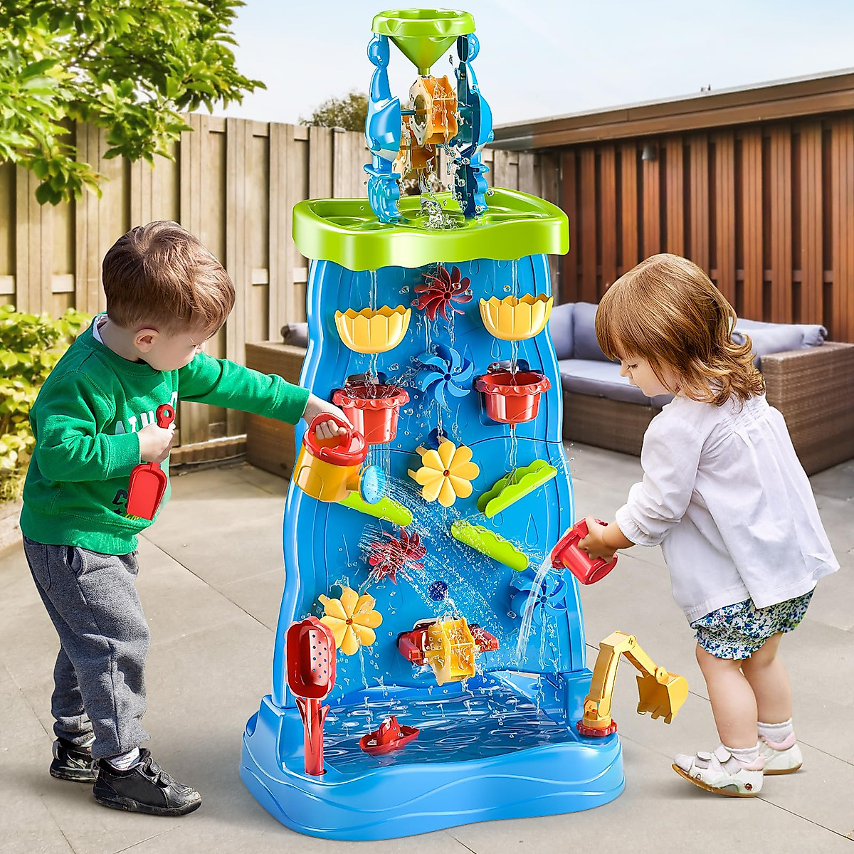 Kids Waterfall Water Table Wall for Toddlers for 3 4 5 6 7 8 Years Old Boys Girls, 32-Pc Accessory Activity Sensory Table Outdoor Double-sided Water Fun Play Toys for Age 3-8