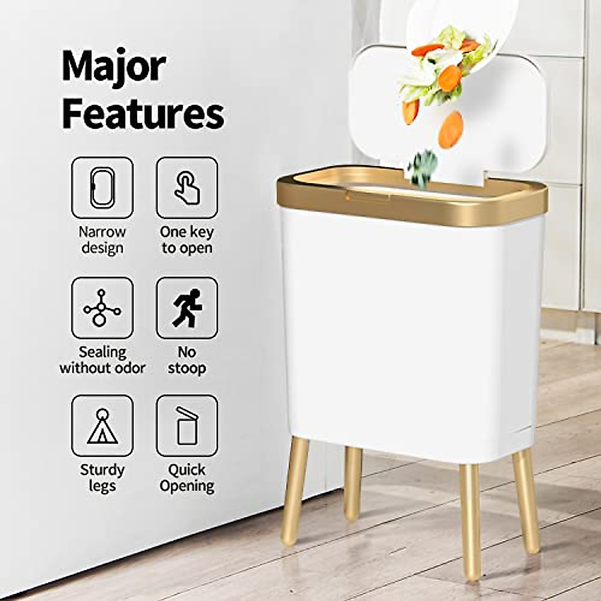 Trash Can with Lid, Plastic Garbage Can with Push Button, Narrow Modern Waste Basket for Kitchen, Slim Bedroom Garbage Bin, 15L Bathroom Trash Can for Home, Living Room, Toilet, Office (White)