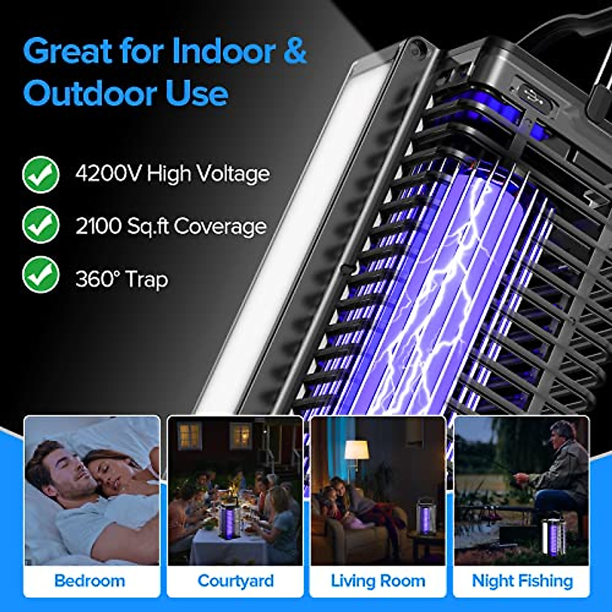 Bug Zapper Indoor, Mosquito Zapper Outdoor Electric, Solar Mosquito Trap Cordless & Rechargeable, Mosquito Zapper with Reading Lamp, 4200V 2 in 1 Mosquito Killer