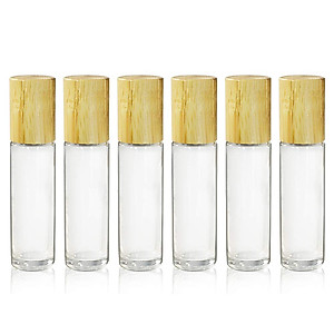 6 Count 10ml Bamboo Roll On Bottle For Essential Oils,Clear Glass Bottle With Natural Bamboo Lid,Portable Massage Stainless Steel Roller Ball Glass Vial Aromatherapy travel Perfumes Bottles