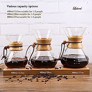 Lalord Pour Over Coffee Maker with Reusable Stainless Steel Filter, 20 oz Borosilicate Glass Coffee Carafe, Wooden Collar, Coffee Dripper Brewer, Hold 3 Cups, 600ml