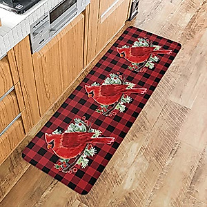 Libaoge Kitchen Mat Rug 1 PCS Christmas Robin Red Black Buffalo Plaid Runner Rug Anti-Fatigue Comfort Memory Foam Standing Mat Non-Slip Floor Door Mat for Bathroom Bedroom 20x47in