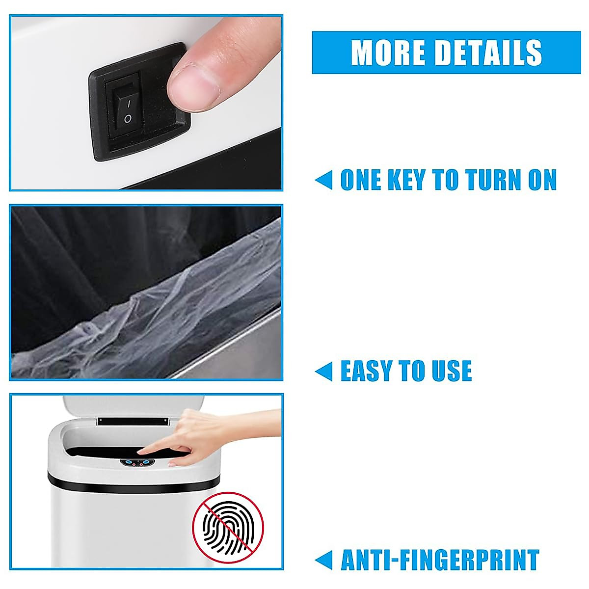 HGS Touchless Trash Can 13 Gallon Automatic Garbage Waste Bin Stainless Steel Trash Can Touch Free Kitchen Garbage Cans with Lid, Sensor Trash Bins for Home Office Living Room Bedroom, White, White