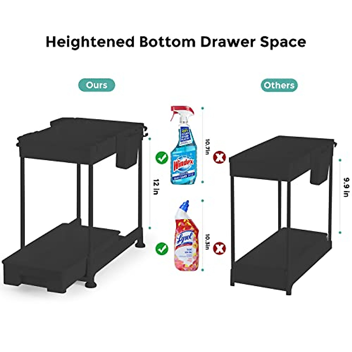 Under Sink Organizer, 2-Tier Sliding Under Sink Organizers and Storage Under Sink Storage for kitchen Under Cabinet Organizer with Hooks, Hanging Cup, Dividers