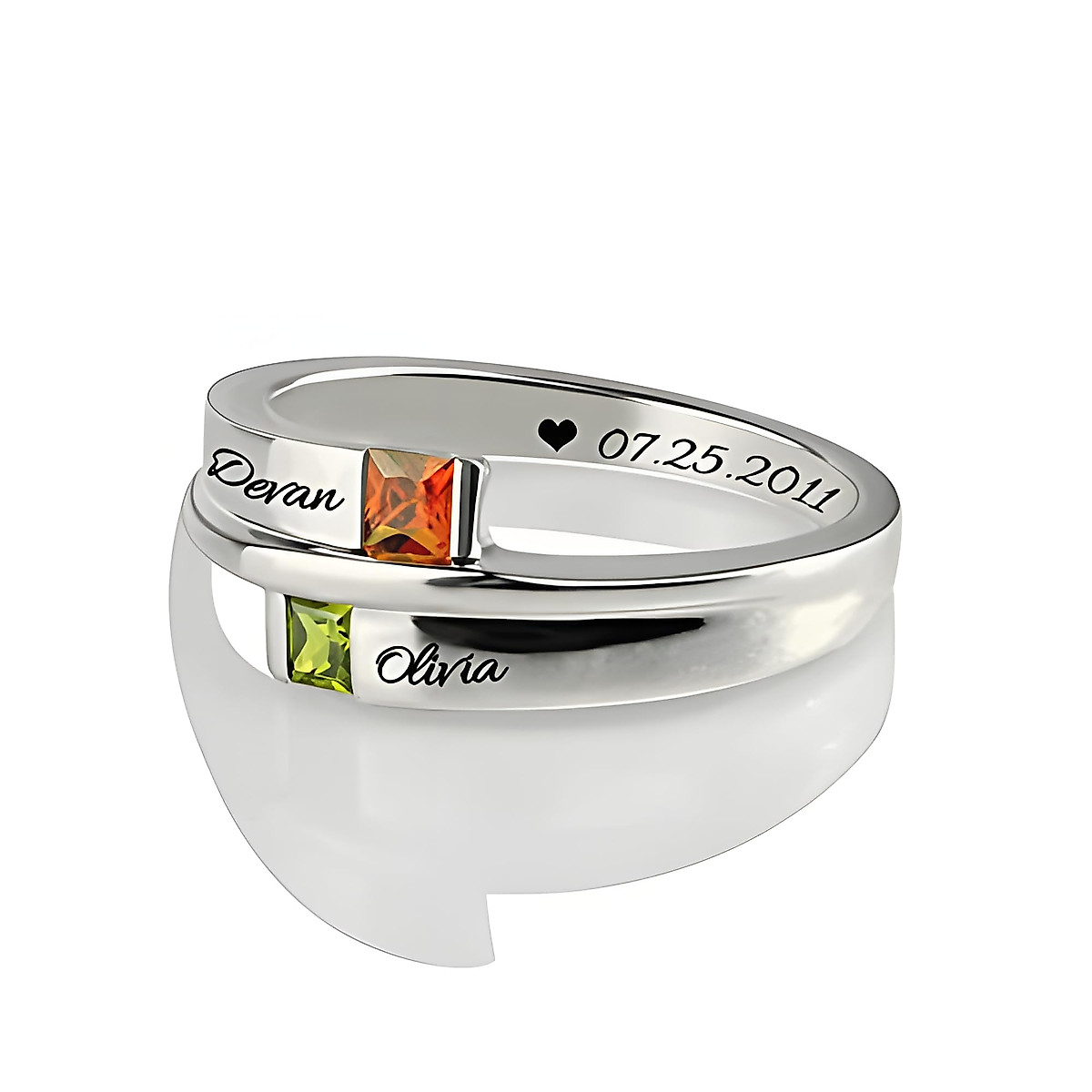 GSBSCSM Double Square Stone Ring 925 Sterling Silver Engraved Mother's Ring 2 Birthstone Custom Womens Engagement Rings Promise Name Rings for Her (Silver)
