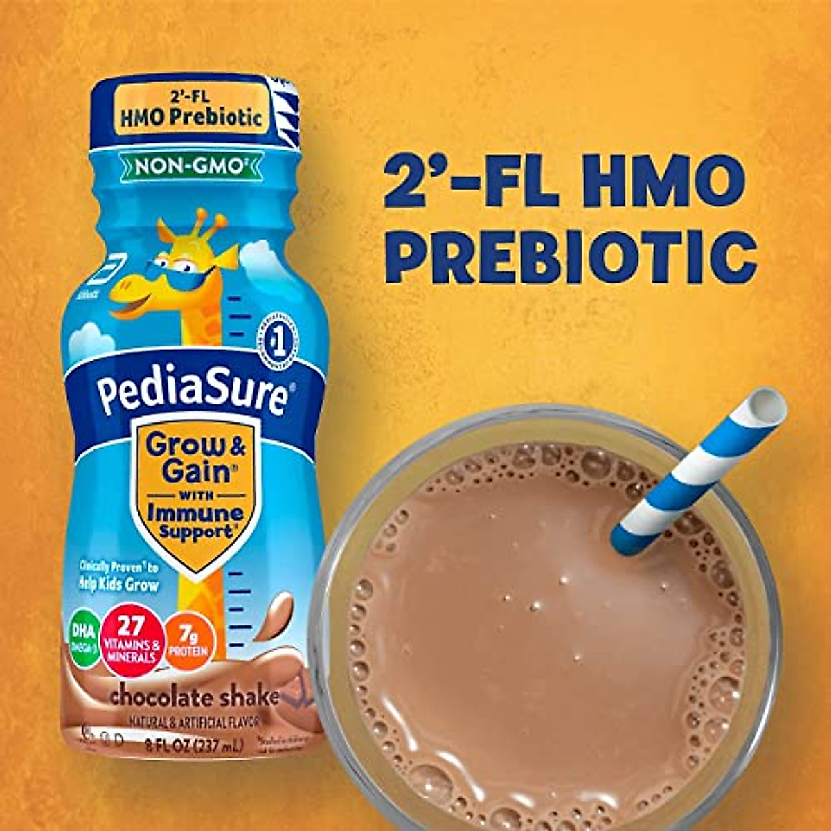 PediaSure Grow & Gain with 2’-FL HMO Prebiotic, Kids nutrition shake, Vitamins C, E, B1, & B2, Non-GMO, Chocolate, 8 Fl Oz (Pack of 24)