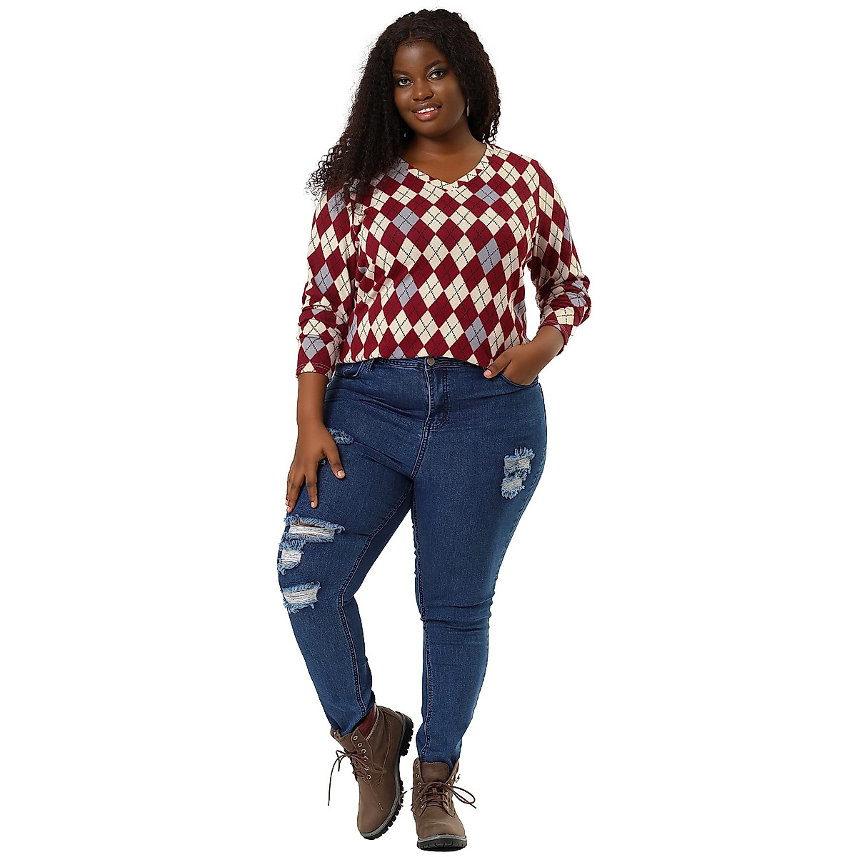 Agnes Orinda Plus Size Knit Tops for Women Argyle Plaid V Neck Long Sleeve Pullover Homecoming T Shirt 4X Red