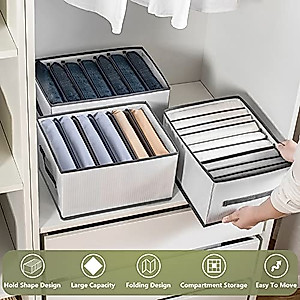TOOVREN Jeans Organizer for Closet Extra Large 7 Grids, Upgraded Wardrobe Clothes Organizer with Handle, Sturdy Foldable Clothes Storage Box for Adults Jeans Pants, Sweaters (Built-In PP Board),3 Pack