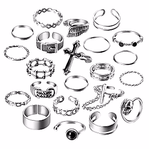 PANTIDE Vintage Punk Rings Set Gothic Knuckle Midi Rings Adjustable Alloy Chain Belt Cross Stackable Finger Half Open Rings Fashion Joint Jewelry for Women Men (Silver) 22Pcs