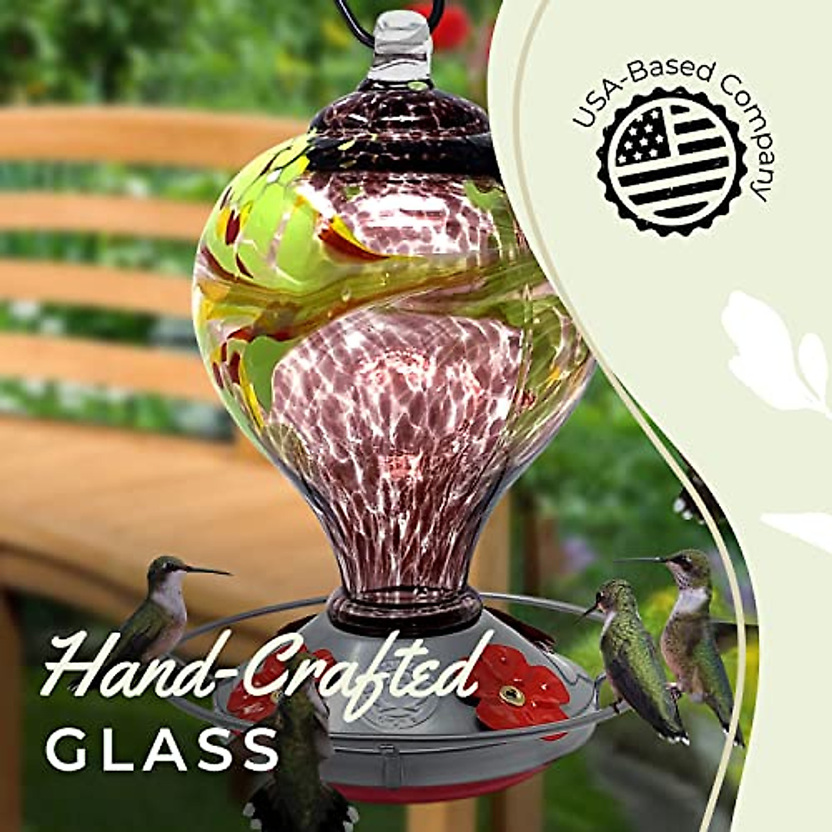 Hummingbird Feeder by Grateful Gnome - Large Hand Blown Stained Glass Feeder for Garden, Patio, Outdoors, Window with Accessories S-Hook, Ant Moat, Brush - 36fl oz, Large Purple Egg Design