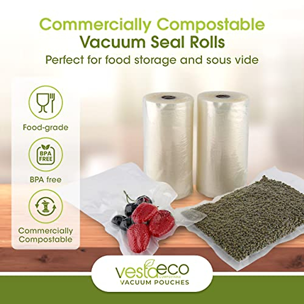 VestaEco Commercially Compostable Vacuum Seal Rolls | Embossed | 8 Inches x 20 Feet (2 Vacuum Seal Rolls) | 11 Inches x 16 Feet (3 Vacuum Sealer Rolls)