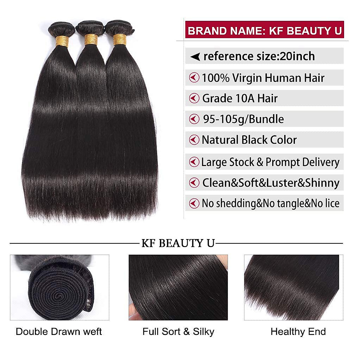 K KF BEAUTY U 10A Straight Hair Bundles 20 22 24 Inch Brazilian Human Hair Bundles 100% Unprocessed Virgin Hair Straight Weave Hair Bundles Natural Color Human Hair 3 Bundles