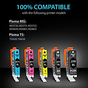 Smart Ink Compatible Ink Cartridge Replacement for Canon PGI 270 XL CLI 271 XL PGI-270XL CLI-271XL 5 Pack (PGBK & BK/C/M/Y) for PIXMA MG5720 MG5721 MG5722 MG6820 MG6821 MG6822 TS5020 TS6020