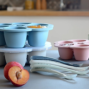 Beaba Multiportions Silicone Baby Food Freezer Tray w/ Clip On Lid, Baby Food Storage Container Ice Cube Tray Maker for Homemade Baby Food, Rain, 3 oz