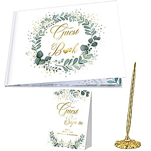Wedding Guest Book Set Wedding Memory Book Lined Wedding Registry Guestbook with Gold Pen and Holder, Guest Sign in Table Card, Hard Cover with Gold Foil, for Baby Bridal Shower,7x9inch (Eucalyptus)