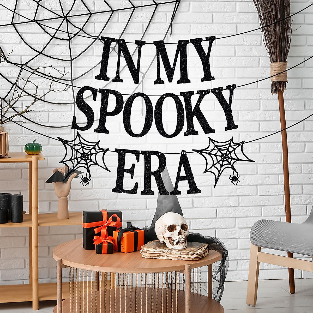 Jenrtvis In My Spooky Era Banner, Halloween Birthday Party Decoration Supplies, It's Halloween Time, Spooky Season Party Decoration Supplies, Halloween Horror Party Banner Black Glitter