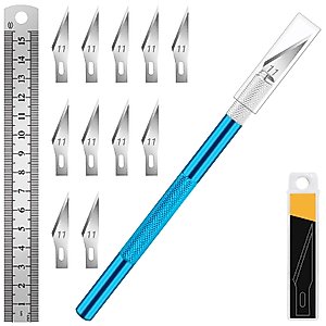 DIYSELF 1 Pcs Craft Knife Hobby Knife with 11 Pcs Stainless Steel Blades Kit, 1pcs Steel 15MM Ruler for Art, Scrapbooking, Stencil(Blue)