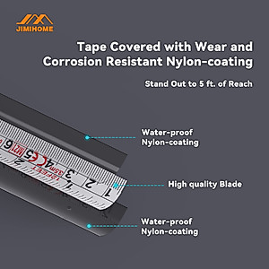 JIMIHOME Household Tool Essential 12 Ft. Tape Measure 3.5 m Metric Imperial Wear Corrosion Resistant Nylon-Coating Impact-Resistant Retraction Speed Control Blade Lock True Zero Belt Clip Wrist Strap