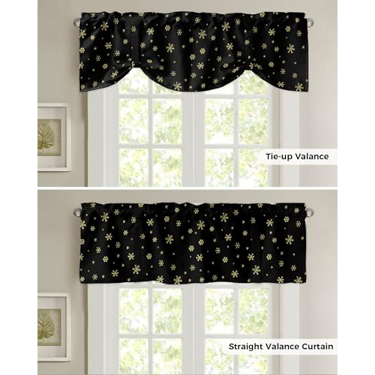 Tie Up Valance Curtains for Window, Gold Snowflakes Curtain Valance Adjustable Balloon Shade Window Valance for Living Room Bedroom Short Curtain Seasonal Winter Christmas Black Backdrop 42"x12"