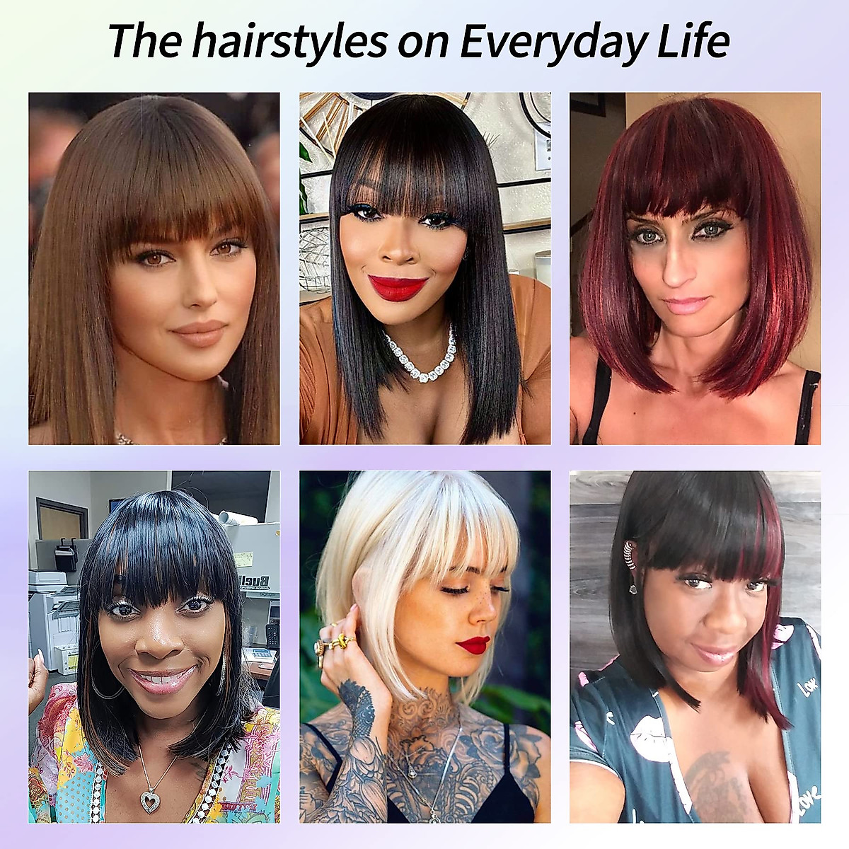 Kalyss Bob Short Synthetic Hair Wig for Black Women Heat Resistant With Hair Bangs (Black With Medium Auburn Brown Strips)