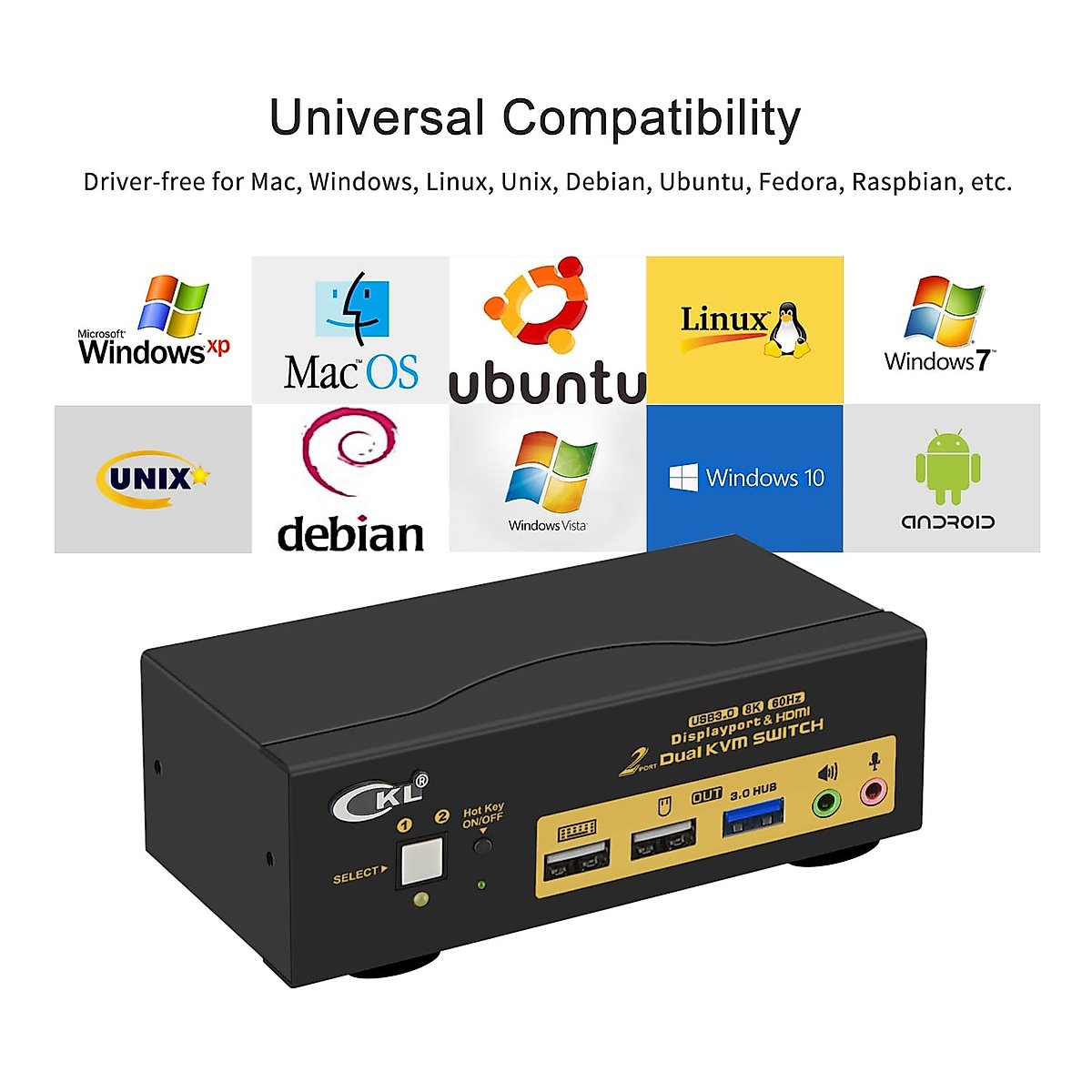 CKL 2 Port USB 3.0 KVM Switch Dual Monitor HDMI 2.0 4K@60Hz(HDMI Out) + DisplayPort 1.4 8K 30Hz 4K 120Hz 144Hz (DP Out), Keyboard Video Mouse Peripherals Switcher for 2 Computers 2 Monitors with Audio