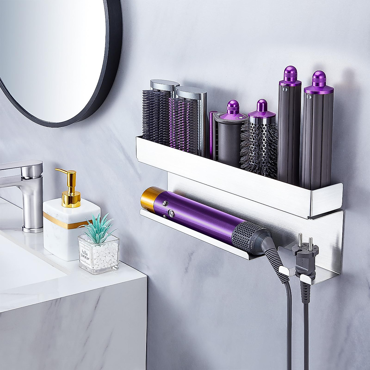 YAYINLI Blow Dryer Holder Wall Mounted Hair Dryer Holder, Blow Dryer and Curling Iron Holder for 7 in 1 Styler Attachments, Stainless Steel Straightener Holder, Bathroom Hair Tools Organizer Storage