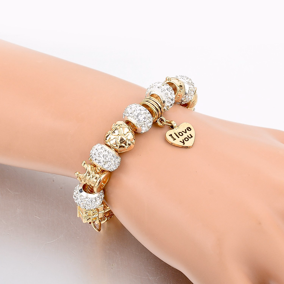 Long Way® Gold Plated Snake Chain Glass Beads I Love You Charm Beaded Bracelets for Women