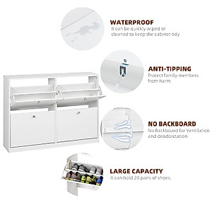 Deipto Shoe Storage Cabinet for Entryway, 3 Tier Wood Shoe Organizer Cabinet with Flip Drawers ＆ Lnduction Led Light, White Narrow Hidden Shoe Rack Cabinet for Front Door Entrance (White, 4-Drawers)