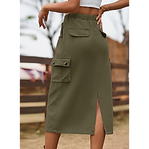 Dokotoo Women's Y2K Drawstring Cargo Midi Skirt Casual Adjustable High Waist Skirt with Pockets Cargo Skirts Work Skirts for Women Green Medium