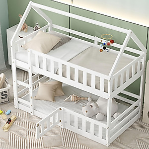 SOFTSEA Twin Over Twin House Bunk Bed, Floor Low Bunk Bed with Fence and Door, Wood Bunk Bed Frame with Guardrails and Ladder, Twin Size House Shaped Bunk Bed for Kids, No Box Spring Needed, White