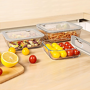 EcoEvo Glass Food Containers with Glass Lid, Microwave Safe Glass Food Storage Container Set, 3 Pack, Square Shape, Glass Food Containers with Lids, Glass Meal Prep containers with Leak Proof Lid.