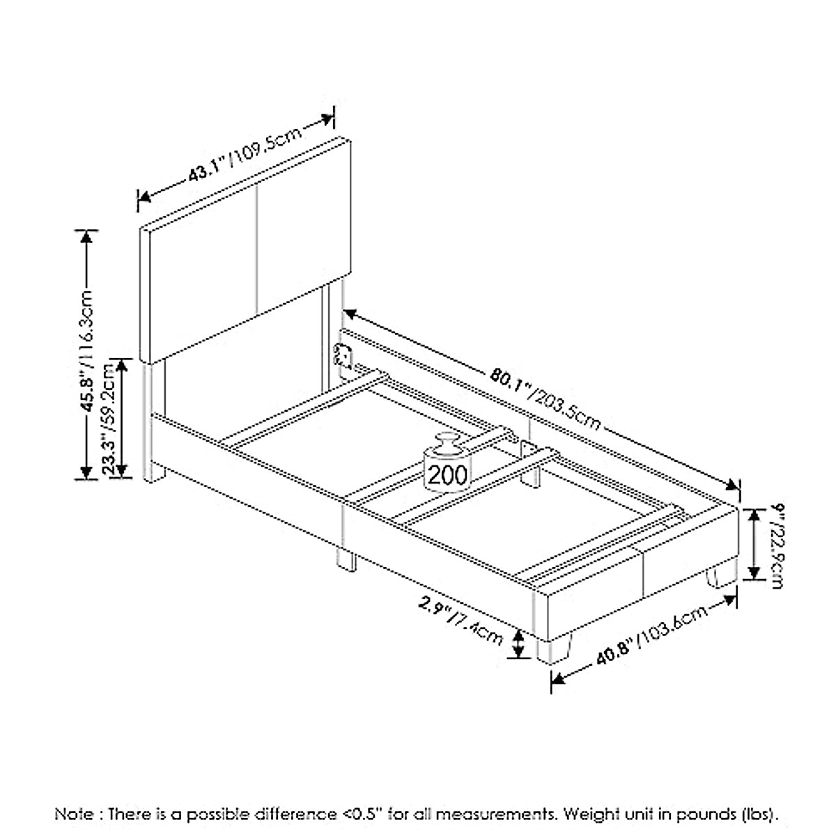 Furinno Pessac Fabric Upholstered Bed Frame with Wooden Slat Support, Twin, Glacier
