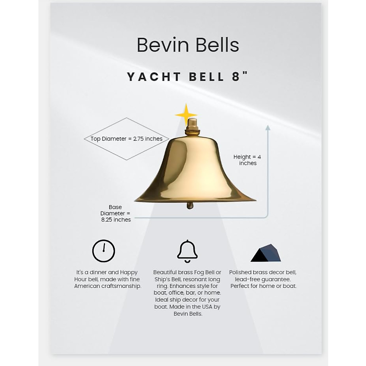 Bevin Bells Yacht Bell – Solid Brass 8" Fog Bell | Ship Bell | Boat Bell | Wonderful Tone with a Loud and Long Ring | Hanging Bell | Highly Polished and Lacquered | Made of Solid Brass | Made in USA
