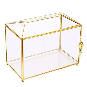 Gold Wedding Glass Card Box – 10.6 inch Large Wedding Card Holder Handmade Gold Glass Terrarium with Slot and Heart Lock, 10.6x5.9x8.3 Inches
