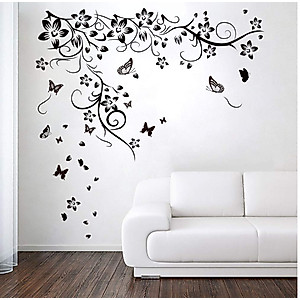 Runtoo Black Flowers Vine Wall Decal Floral Butterfly Wall Stickers Living Room Bedroom Wall Decor