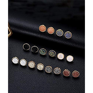 Ofeiyaa 9 Pairs Round Stud Earrings Stainless Steel Cute Druzy Crystal Studs Earrings Pierced for Women Ladies 10mm 20G