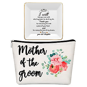 Frienda 2 Pack Mother Of The Bride Groom gifts Mother Of The Bride Groom Makeup Bags and Jewelry Dish Tray Bride Mother Gift Canvas Cosmetic Bag for Mom Wedding Gift(Mother of the Groom A)