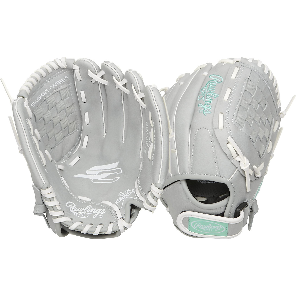 Rawlings Sure Catch Series Fastpitch Softball Glove, Teal/Grey/White, Right Hand Throw, 11 inch (SCSB110M-6/0 11 BSK/NFC)