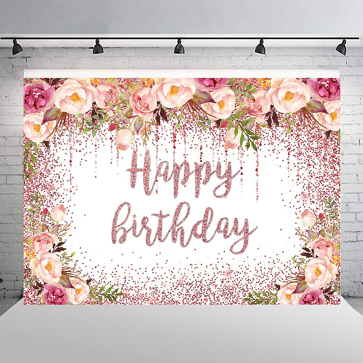 Wollmix Happy Birthday Banner Backdrop Decorations 7x5ft Party Sweet 16 Girls Women Pink Florals Glitter Rose Gold Dots Photography Background Supplies Photo Booth Studio Cake Table