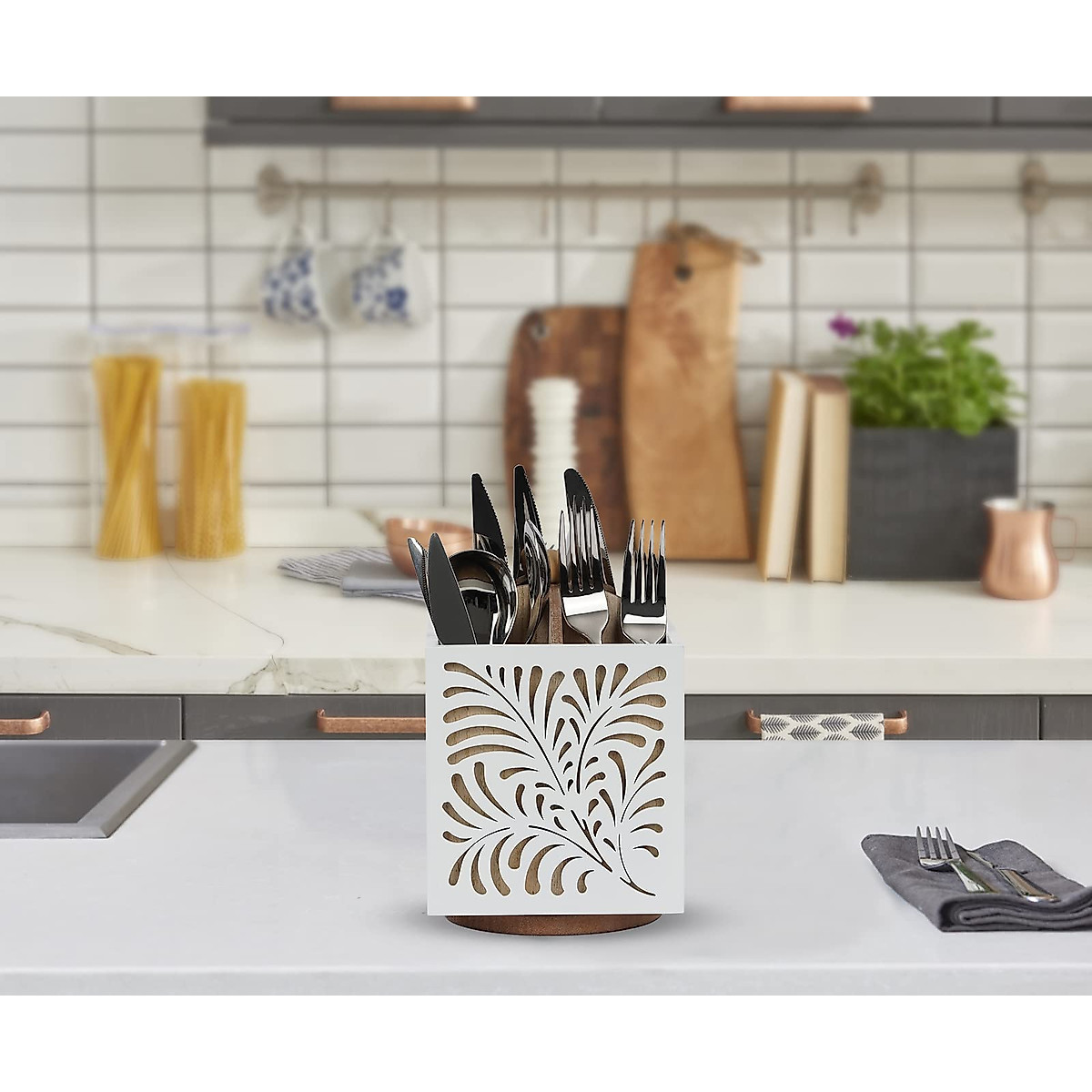 AHUONEL 360° Rotating Kitchen Utensil Holder for Countertop, Wooden Utensil Organizer Cutlery Holder, Utensil Caddy Utensil Crock, Silverware Flatware Organizer for Spoons, Knives, Forks, 5.5" x 6.3"