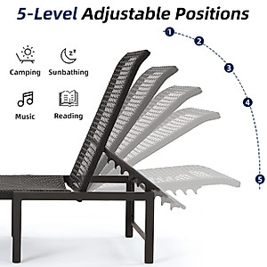 Eongdn Chaise Lounge Outdoor, Hand-Woven Rattan Pool Lounge Chairs Set of 2, Aluminum Frame 5 Level Adjustable, Lounge Chairs for Outside, Poolside, Deck, Beach, Dark Grey