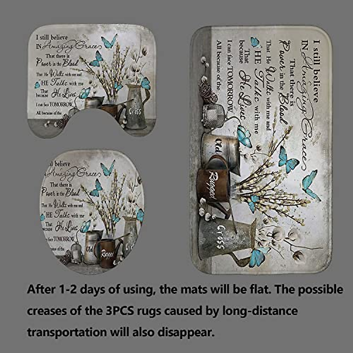 OLEBETY 4PCS/Set Inspirational Quotes Shower Curtain, Blue Butterfly White Cotton Flower Vintage Floral Country Rustic Farmhouse Bathroom Decor, Non-slip Bath Mat, Amazing Grace